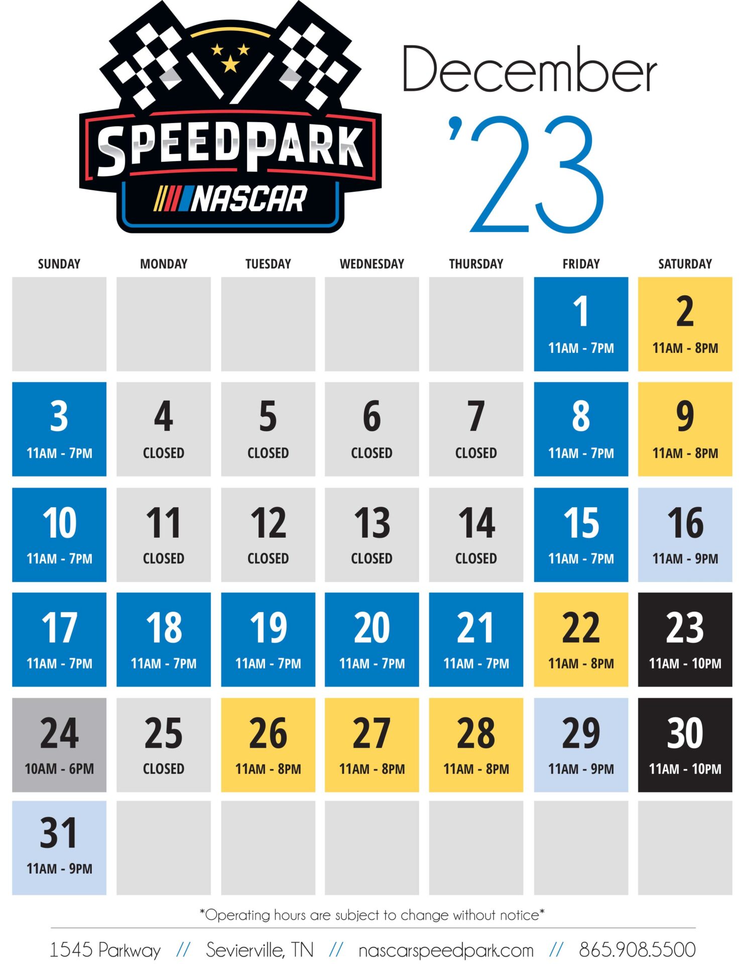 Operating Calendar - NASCAR Speedpark