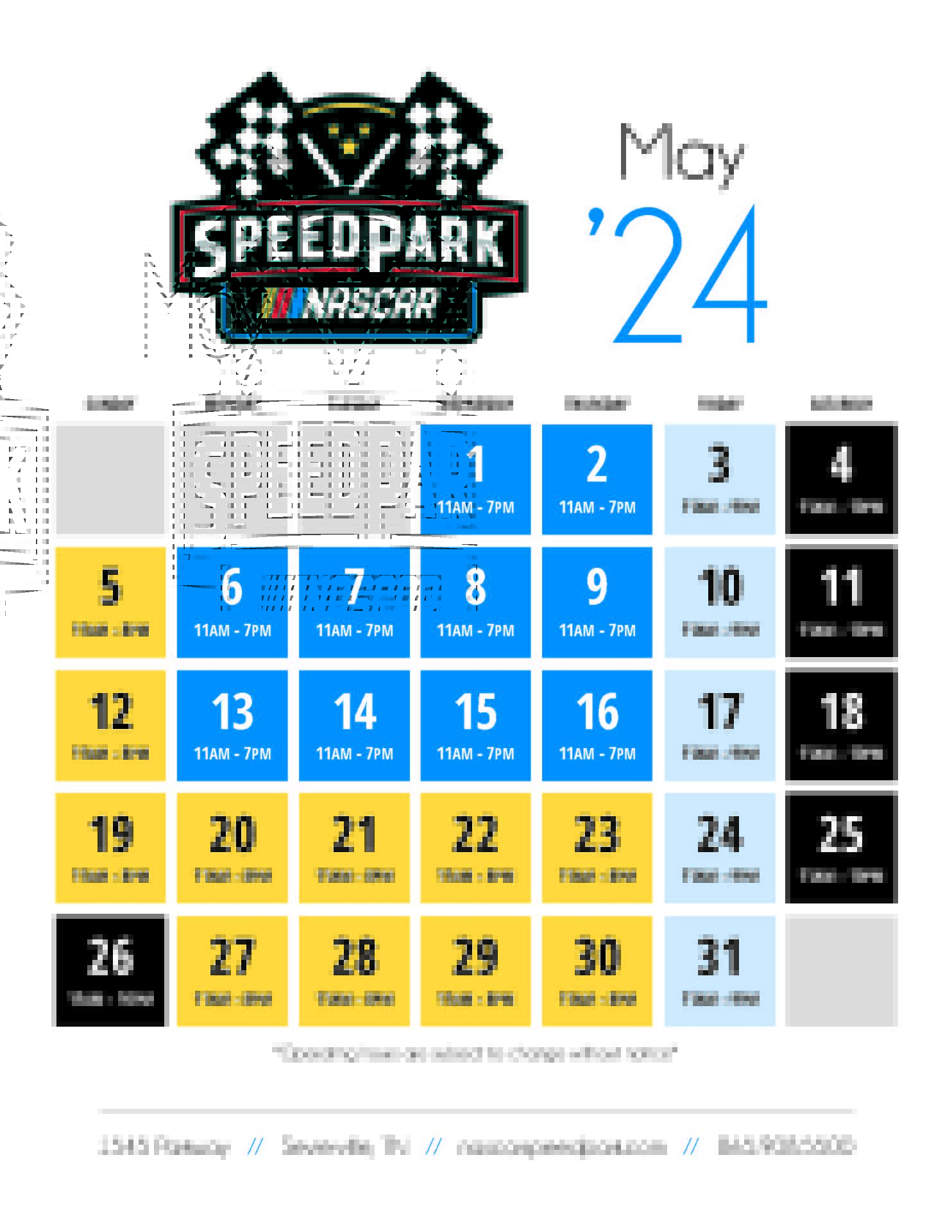Operating Calendar - NASCAR Speedpark