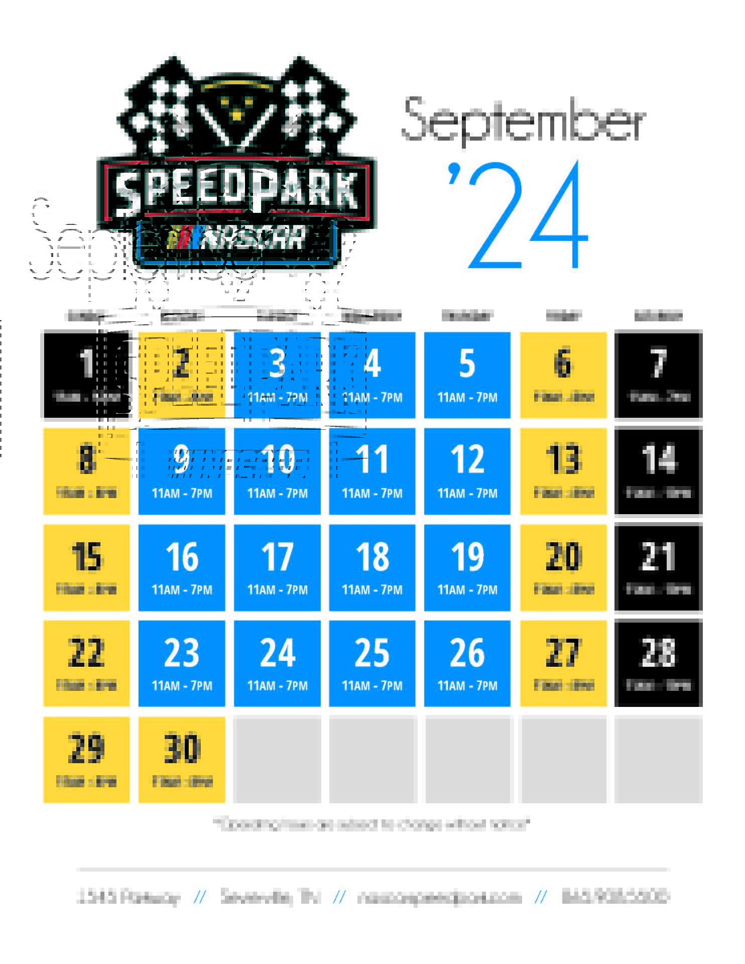Operating Calendar - NASCAR Speedpark