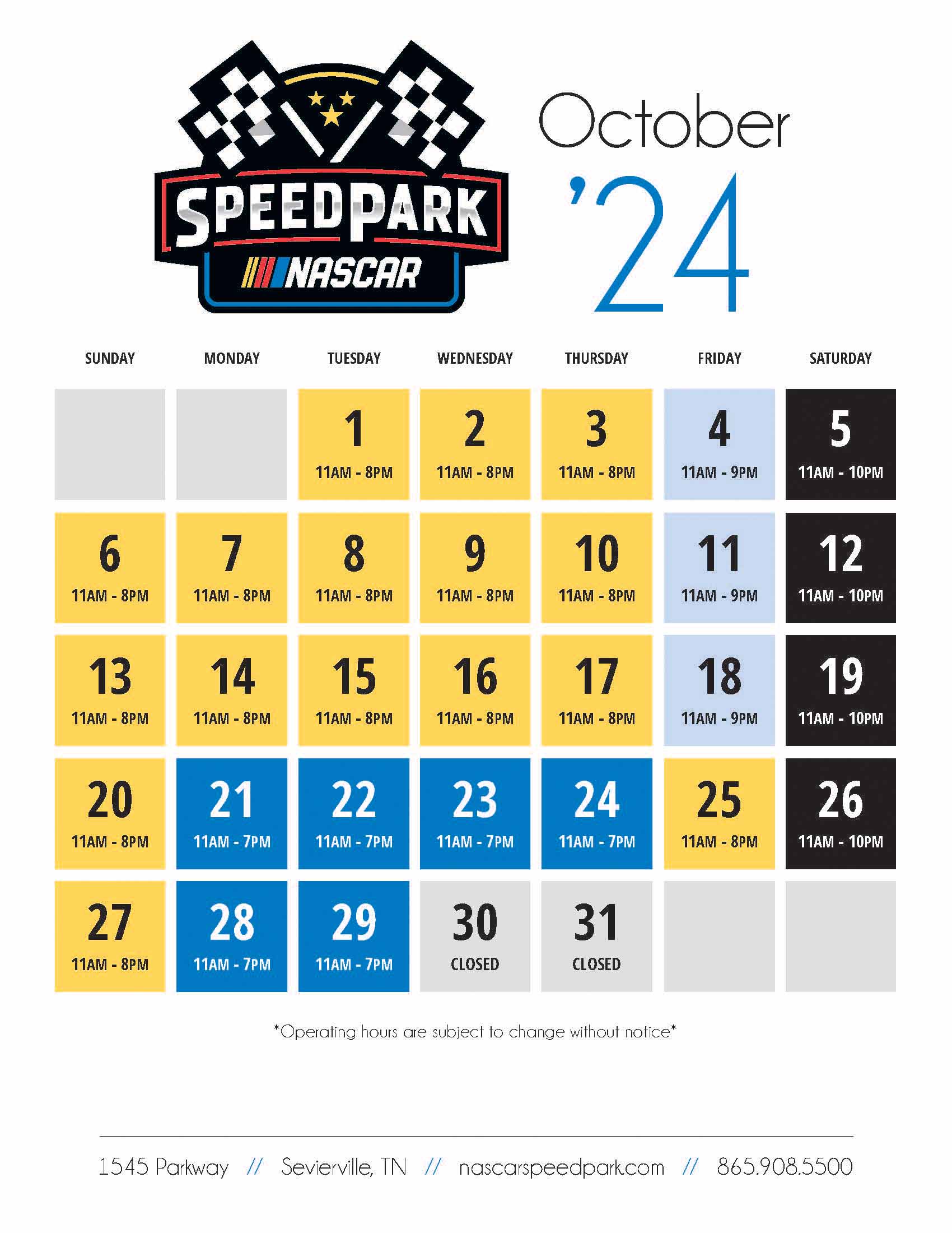 Operating Calendar - NASCAR Speedpark