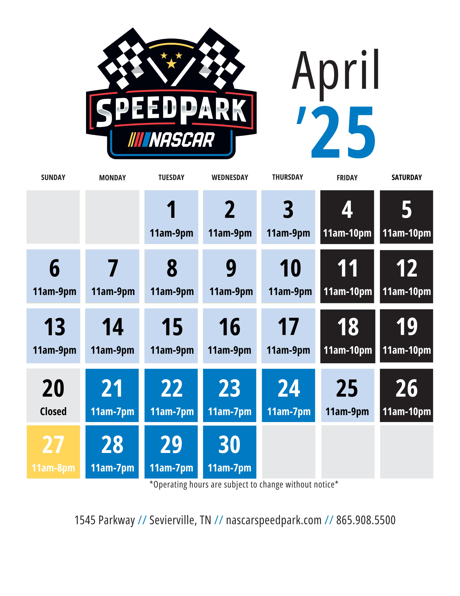 Operating Calendar - NASCAR Speedpark