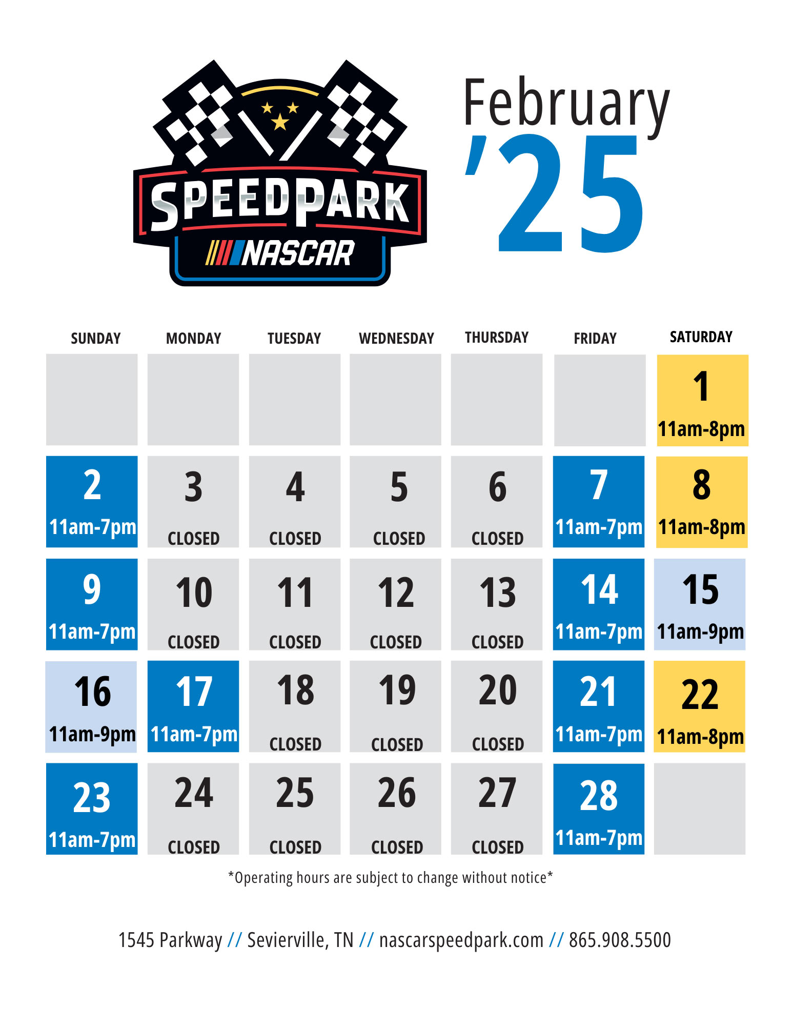 Operating Calendar - NASCAR Speedpark